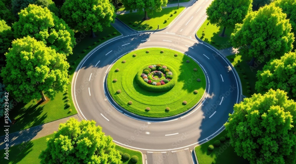 Overhead View of a Circular Roadway with Lush Greenery and Ornamental ...