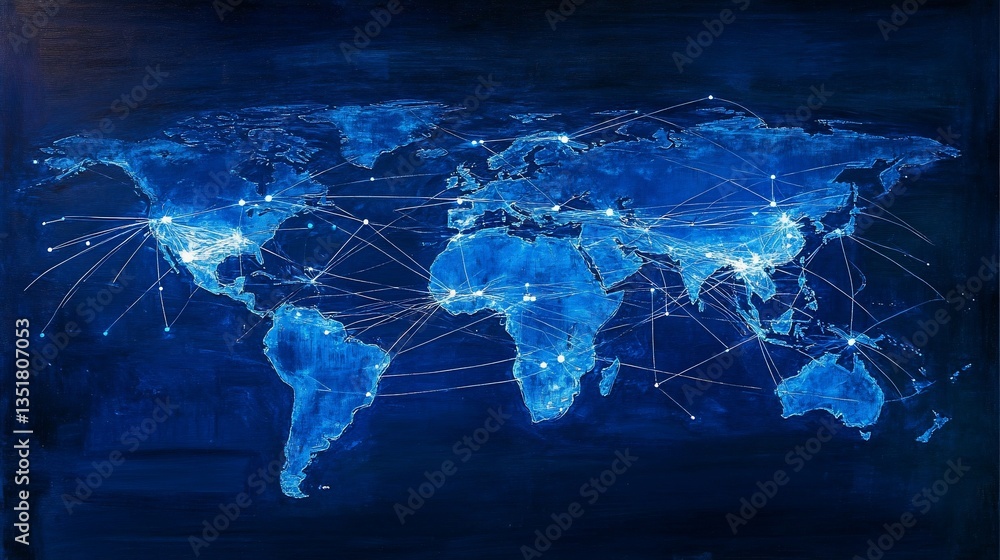 Global Connections Network Map, depicting a world map with connecting lines and dots indicating ...