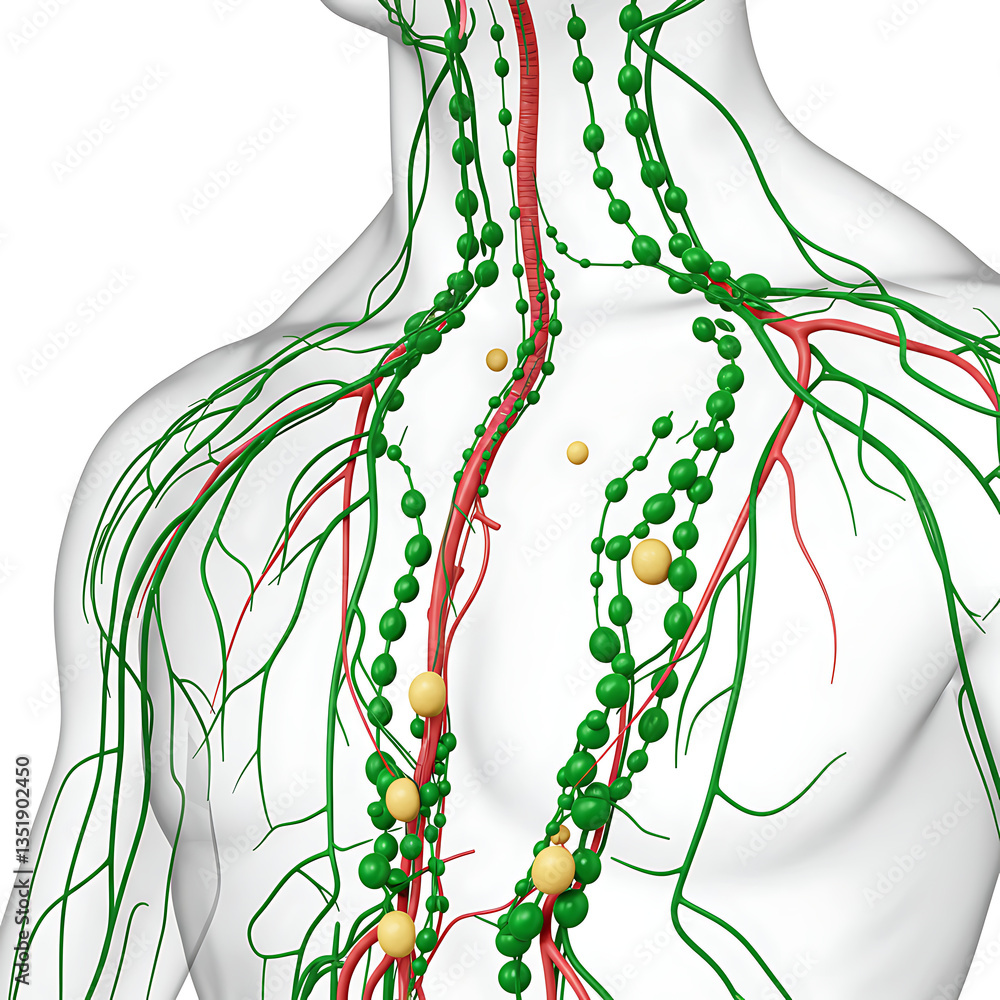Human lymphatic system illustration showing lymph nodes and vessels ...