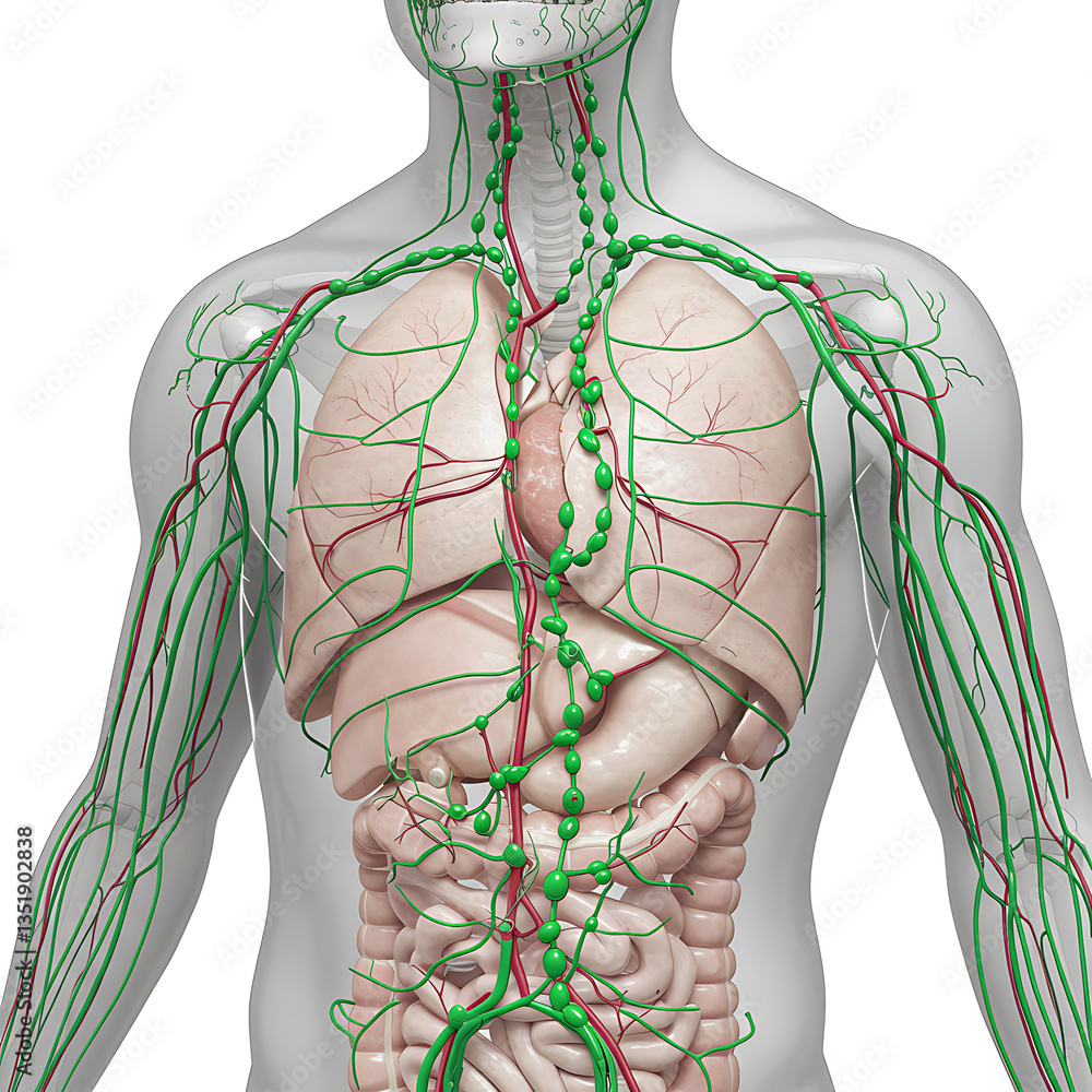 Anatomical illustration of the human lymphatic system showing lymph nodes and vessels in the ...