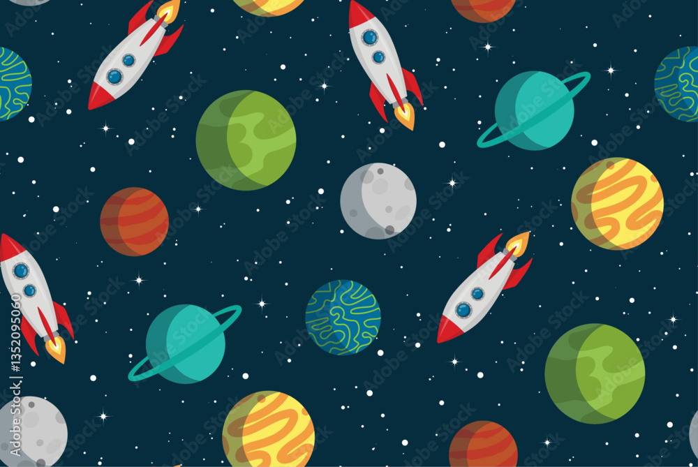 Space seamless pattern. Rocket, planets, moon, stars vector astronomy ...