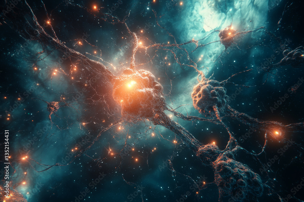 Surreal floating neurons with circuit board design, neural network concept Stock Illustration ...