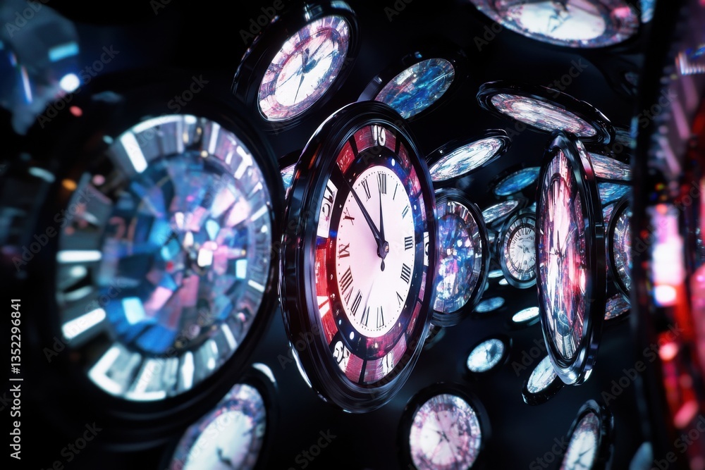 Time dilation concept with distorted clock faces and dramatic side ...