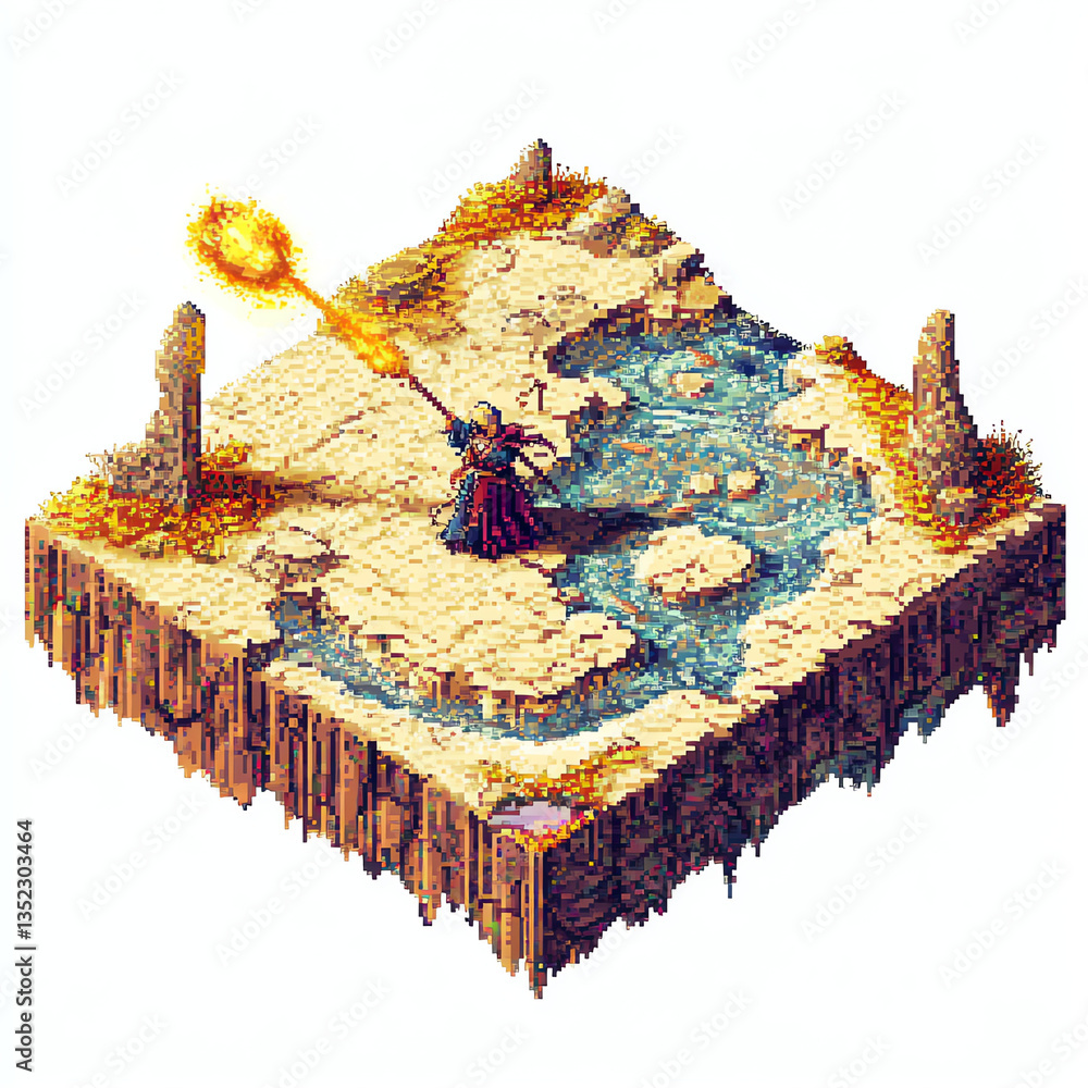 Wizard Casting Spell on Floating Island Pixel Art Isometric View Stock ...