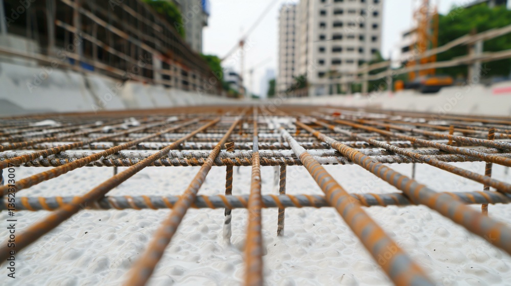 Perfectly aligned rebar grid being covered with a steady flow of fresh ...
