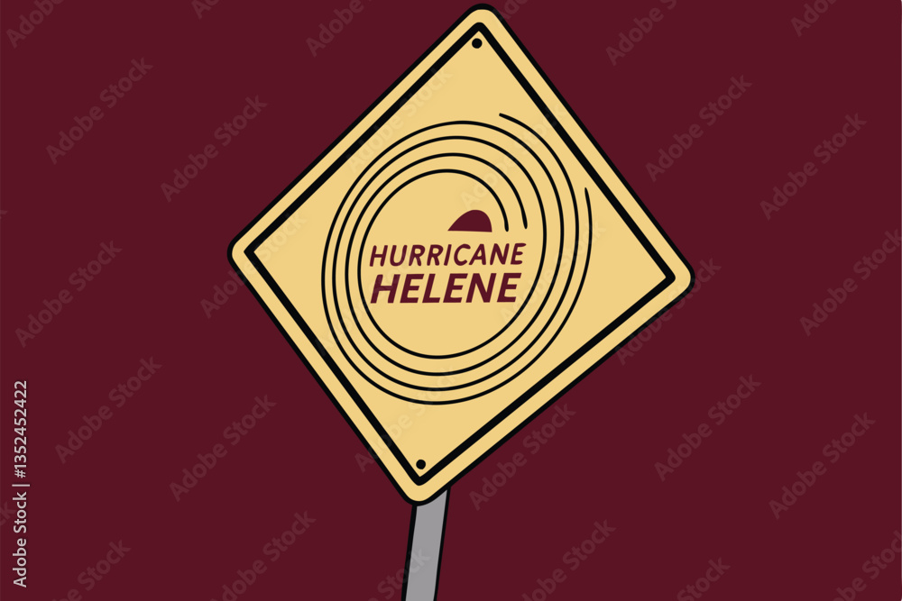 3 Yellow diamond warning sign, hurricane symbol, HURRICANE HELENE text ...