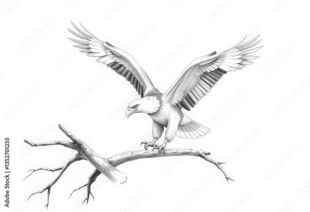 Monochromatic pencil sketch of a bald eagle gracefully landing on a ...