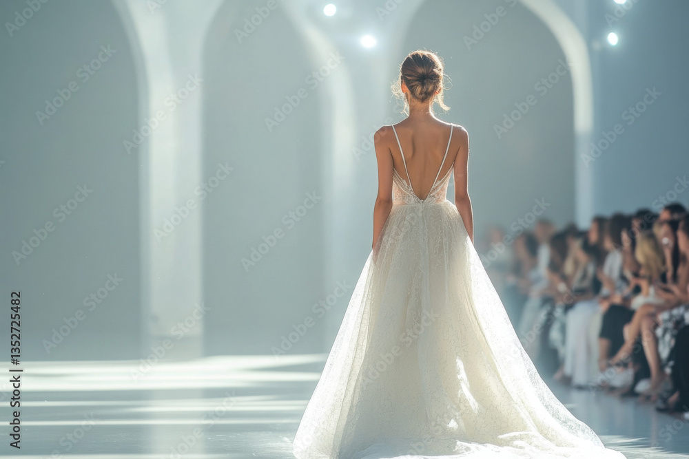 Fashion model wearing elegant wedding dress walking on catwalk during ...