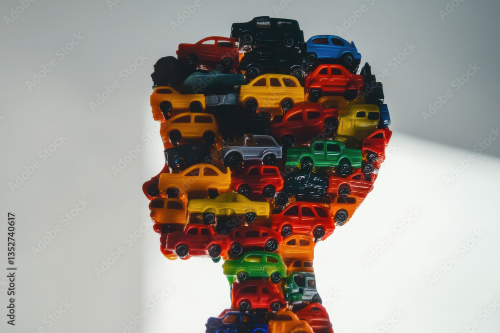 Human head silhouette filled with colorful toy cars representing ...