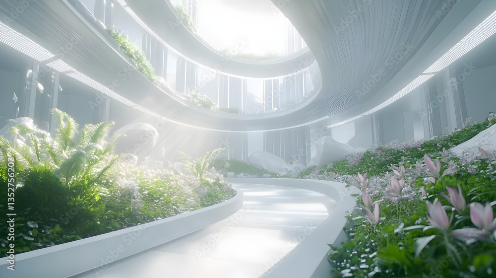 Eco-friendly futuristic atrium with lush greenery and natural light, showcasing sustainable ...