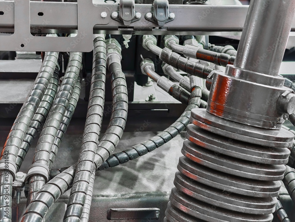 Exploring the intricate layout of hydraulic connectors and hoses in a ...