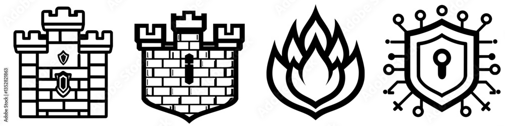 Four distinct emblems showcasing castle designs and fire symbols with ...