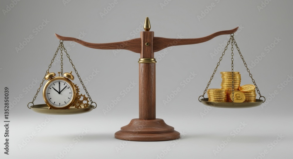 Time Versus Money Balance - A wooden scale balances a clock and gears ...