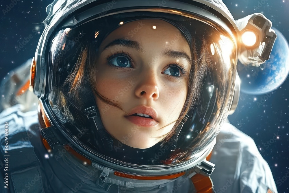 Girl floats in zero gravity wearing a space suit among stars and ...