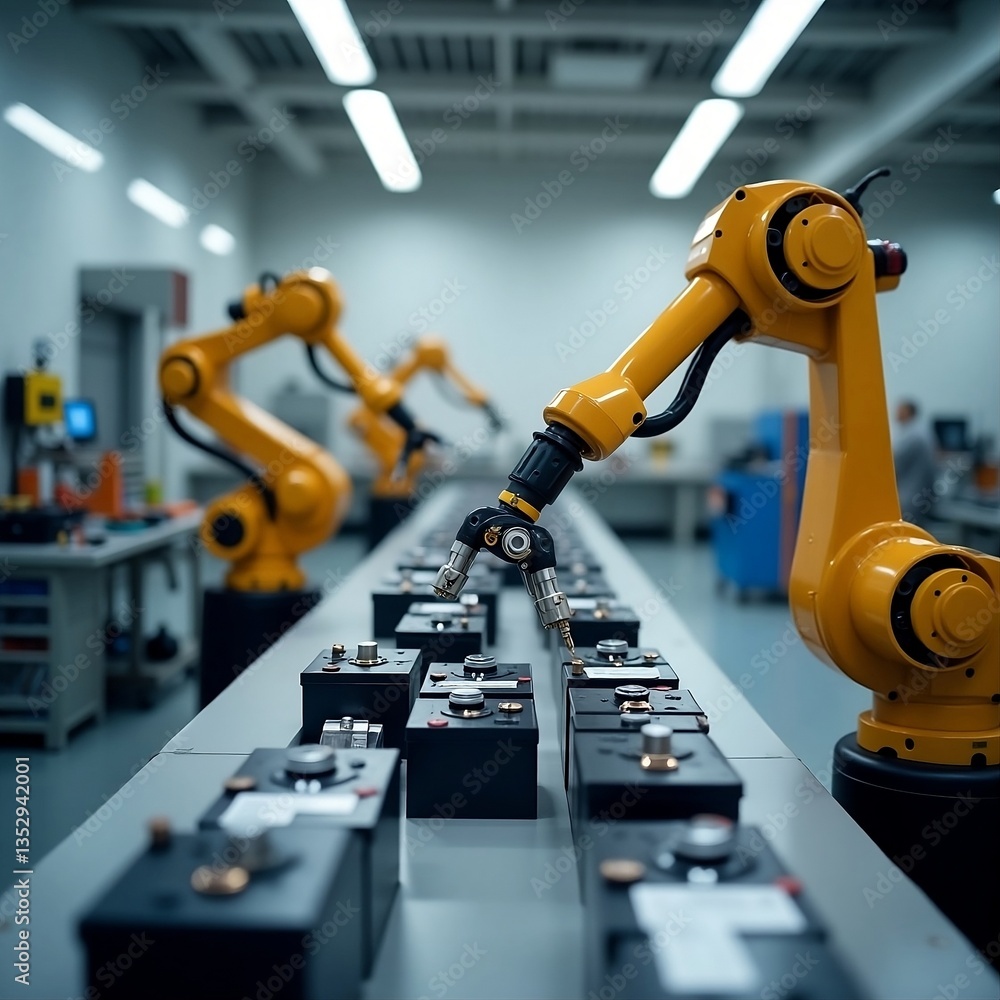 Industrial robot arms assemble lithium-ion batteries for electric ...
