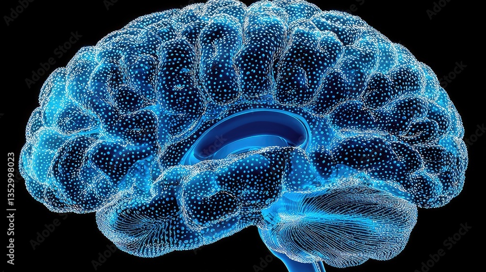 Human brain, sagittal view, neural network, dark background, medical ...