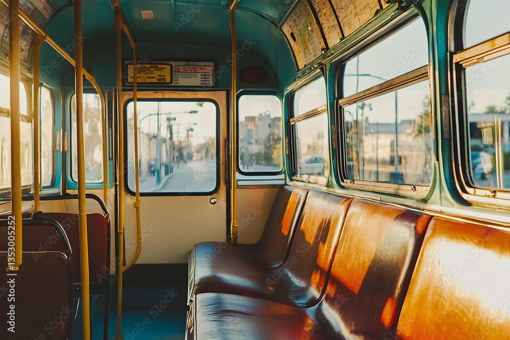 1950s bus rear view perspective showing curved bench seat, exit door ...