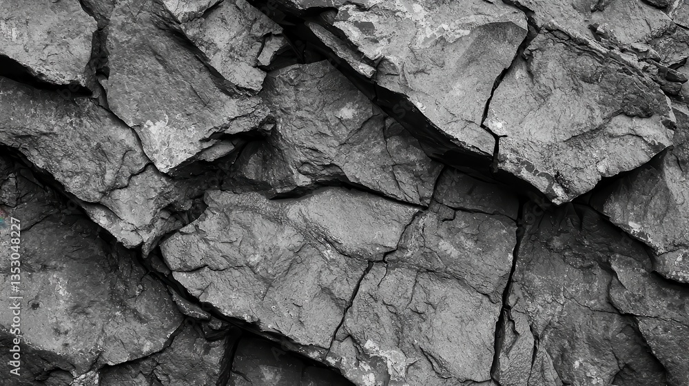 Raw rock texture in black and white with dark gray stone details. A ...