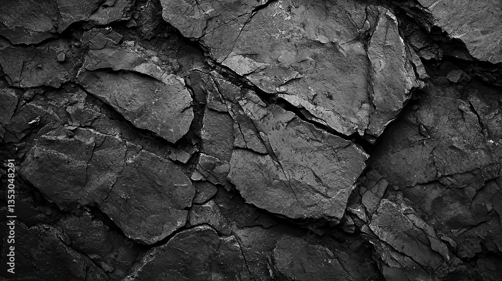 Raw rock texture in black and white with dark gray stone details. A ...