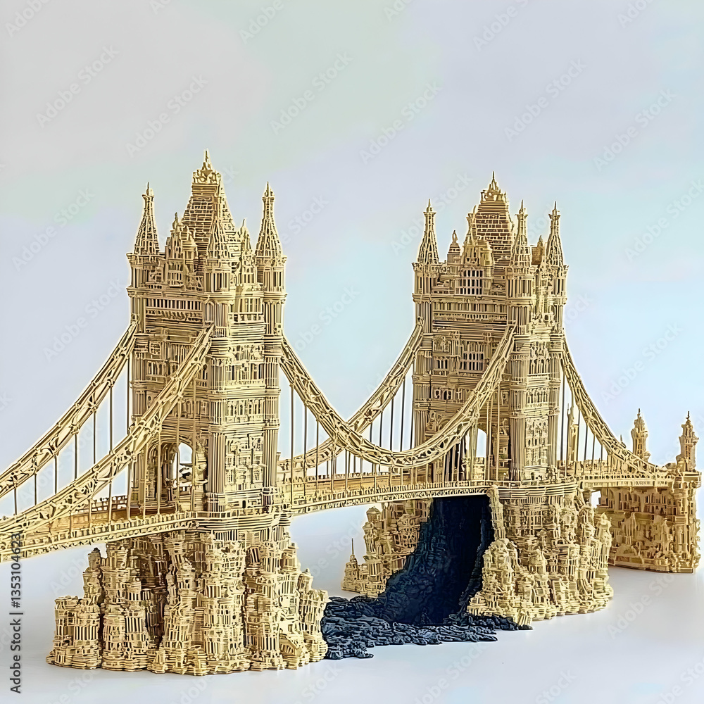 3D-printed Tower Bridge model sinking, white background, architectural art Stock Illustration ...