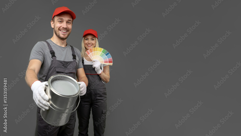 Painters with paint bucket and color swatches on grey studio background ...