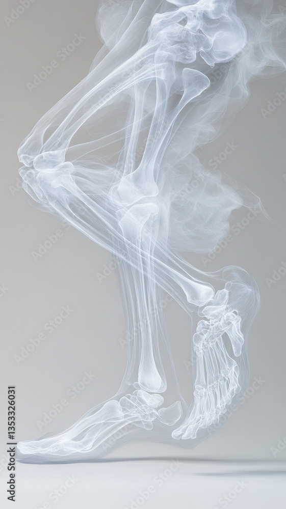 X ray of human leg showing bones and tendons in motion, highlighting intricate structure of ...