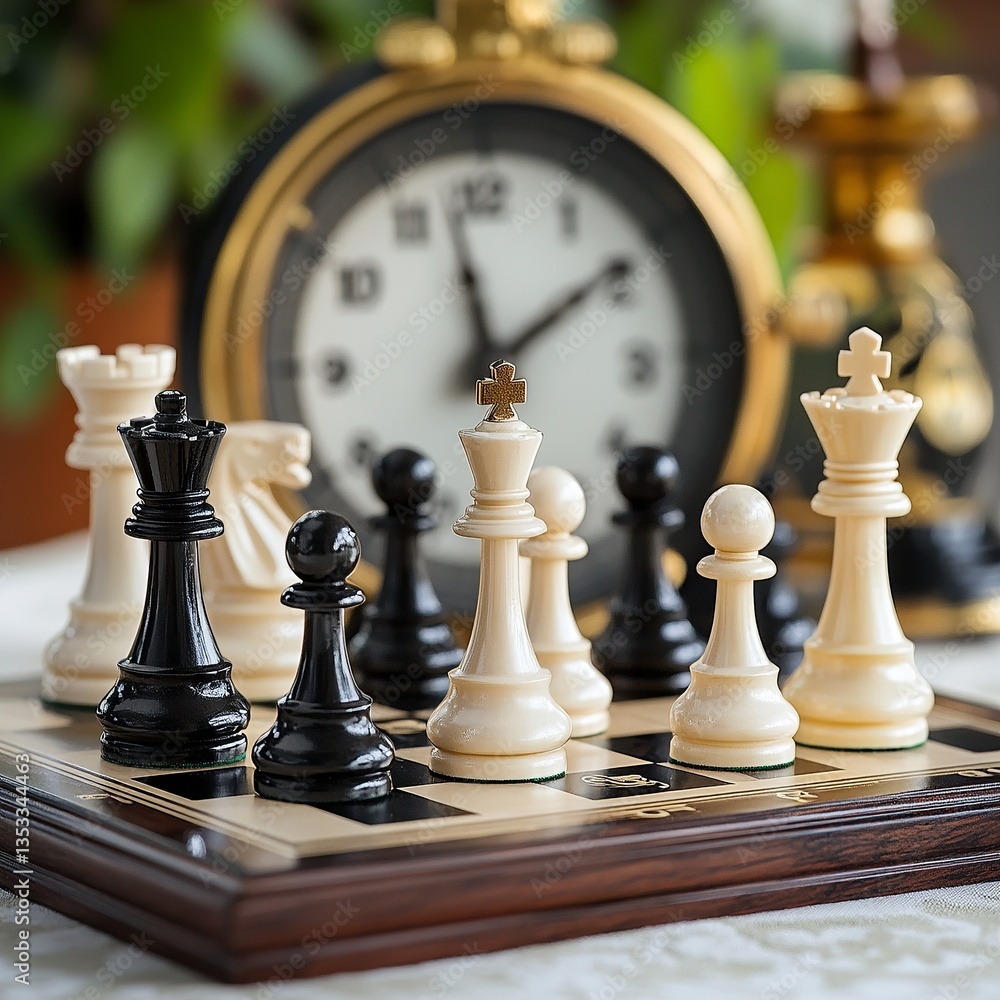 Chess pieces on tournament board, strategy station with timing clock ...