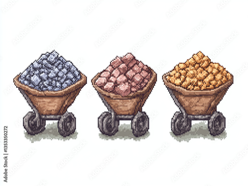 Pixel Art Mining Carts with Different Resources Stock Illustration ...