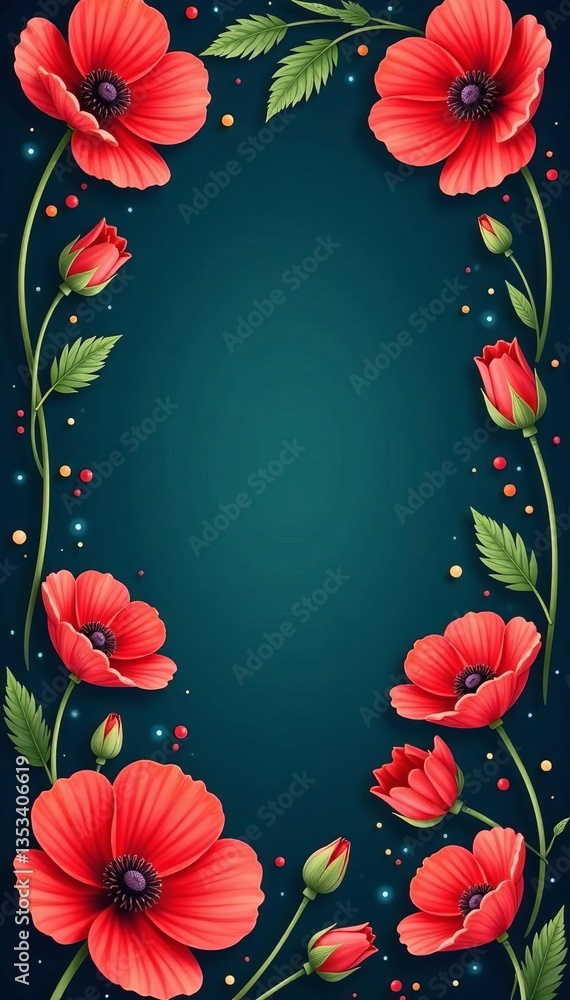 Beautiful poppy flowers creating a border frame for designs, red ...
