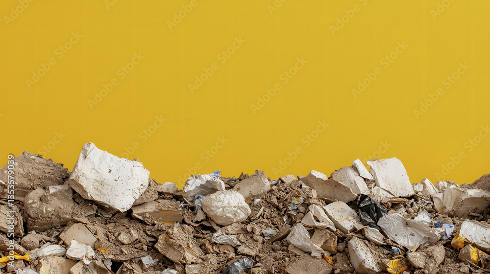 Compacted waste at landfill site against bright yellow background ...