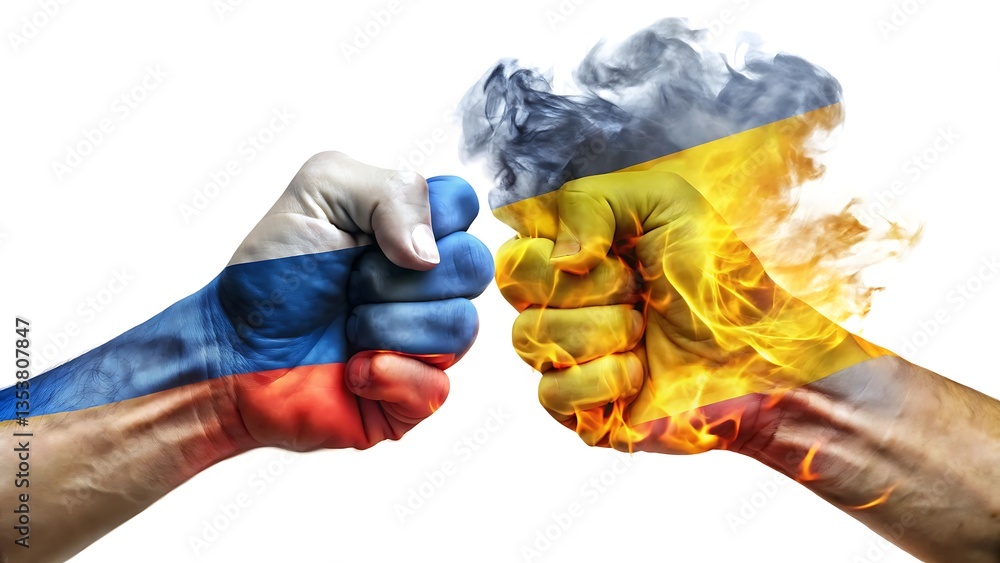 Two fists colliding, painted with national flags, Russian flag on left ...