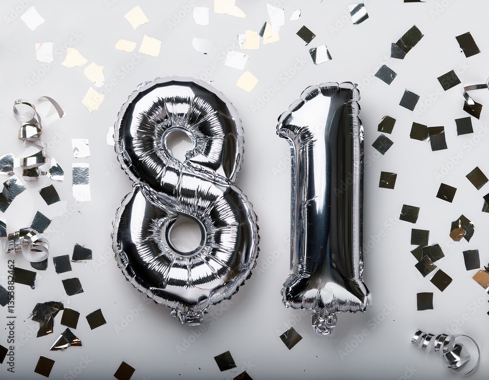Silver balloon number 81 for eighty-first birthday or anniversary party ...