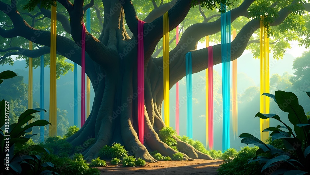 Sacred Banyan Tree with traditional colorful ribbons on its branches ...