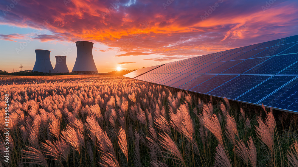 Fotografie Sunset over field of tall grass, solar panels, and nuclear ...