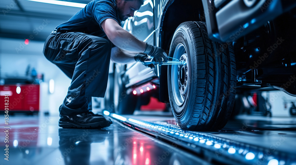 A truck mechanic checking tire alignment with a laser tool, the tires ...