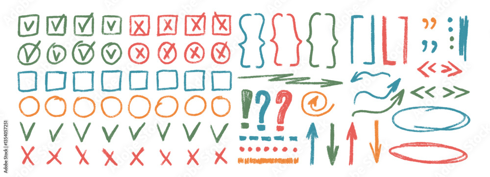 Check marks, arrow doodle set. Crayon underlines, quotation marks ...