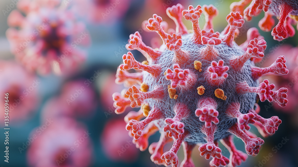 Virus cell microscopic 3D visualization with protein spikes on blurred ...