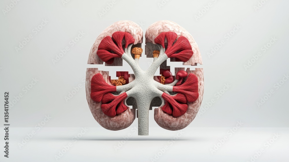Detailed Cross-Section of a Human Kidney with Segmented Lobes and Renal ...