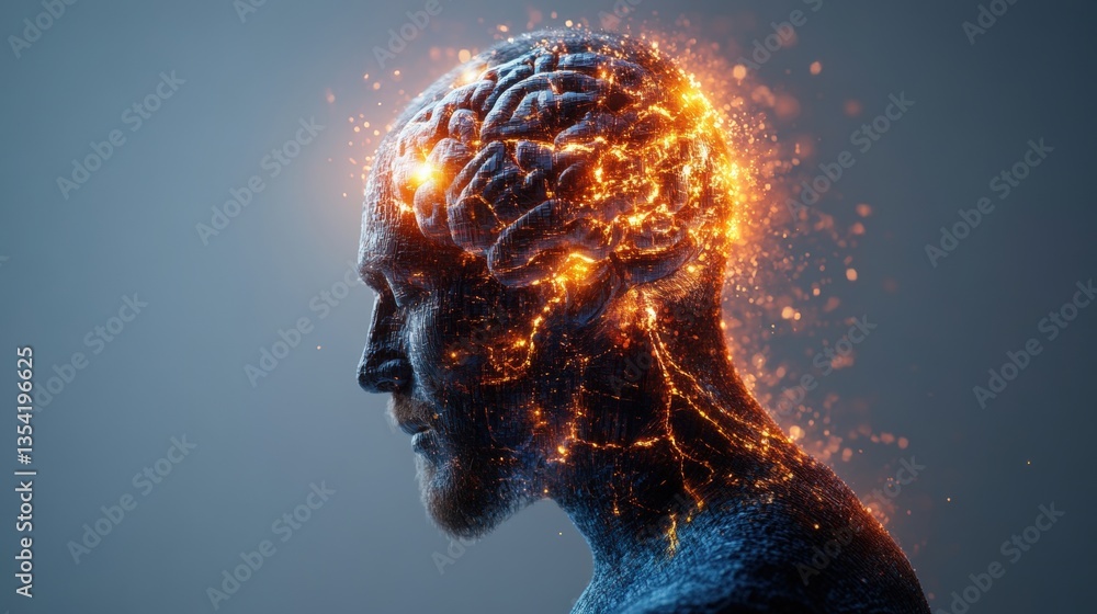 A stylized human head profile in textured crystalline material with a ...