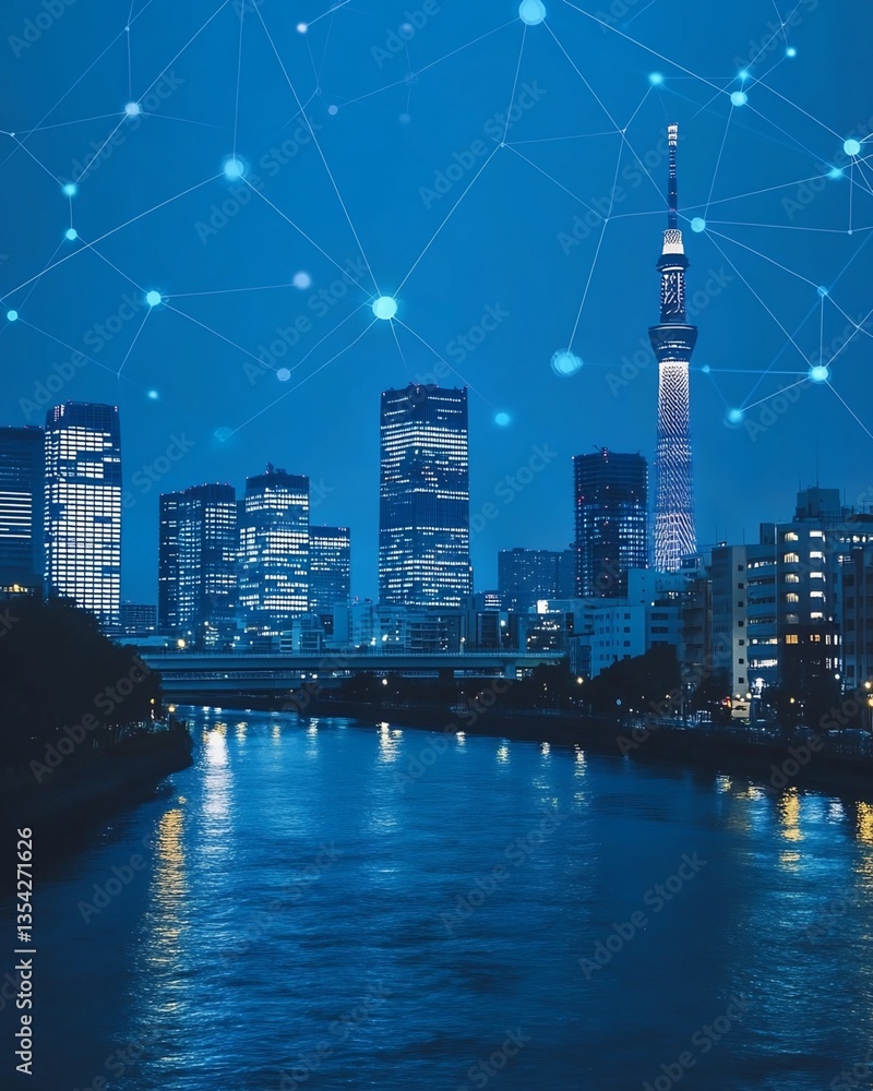 Tokyo Skyline at Night with Network Overlay Stock Illustration | Adobe ...