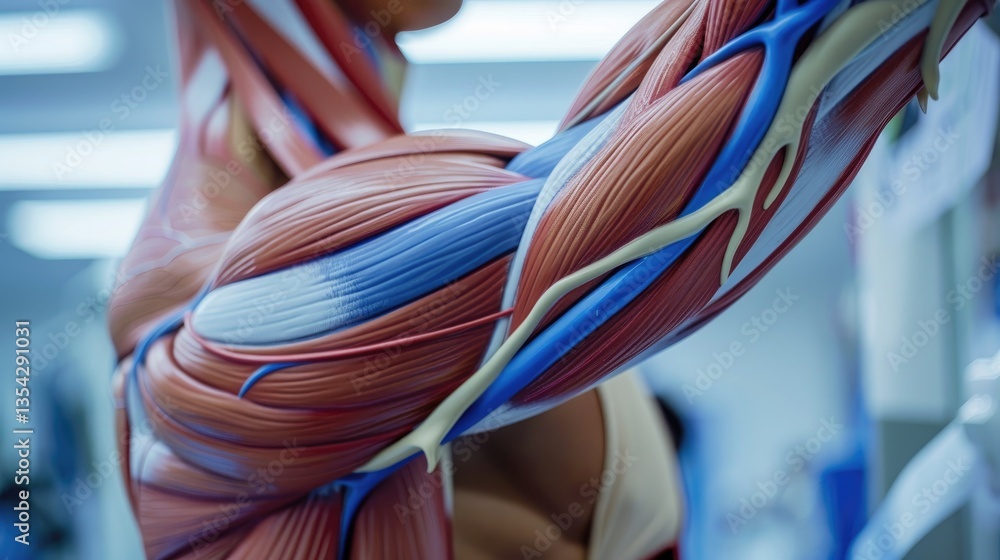 Muscular arm flexing with detailed veins and tendons visible ...