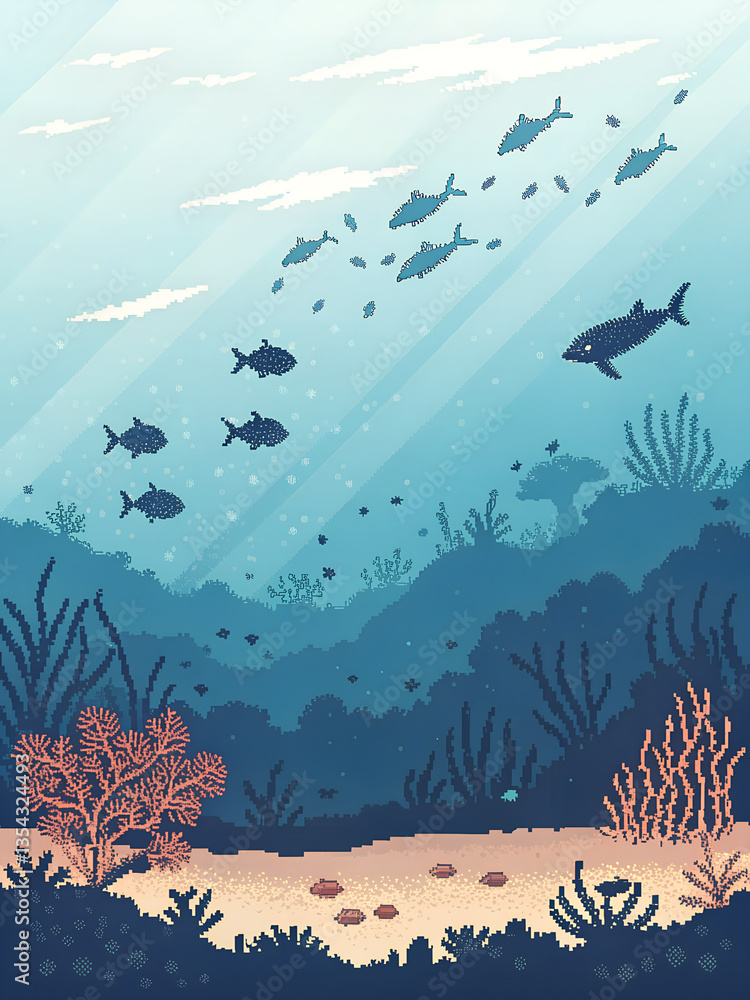 8-bit pixel art of an underwater world, with a gradient blue-to-white ...