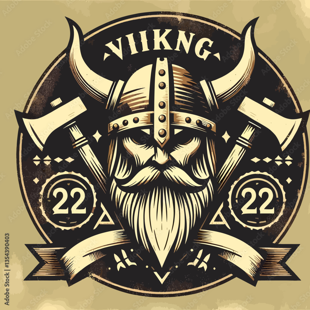 Ilustración de vikingos en estilo vintage grunge, diseñada como emblema en gráficos vectoriales ...