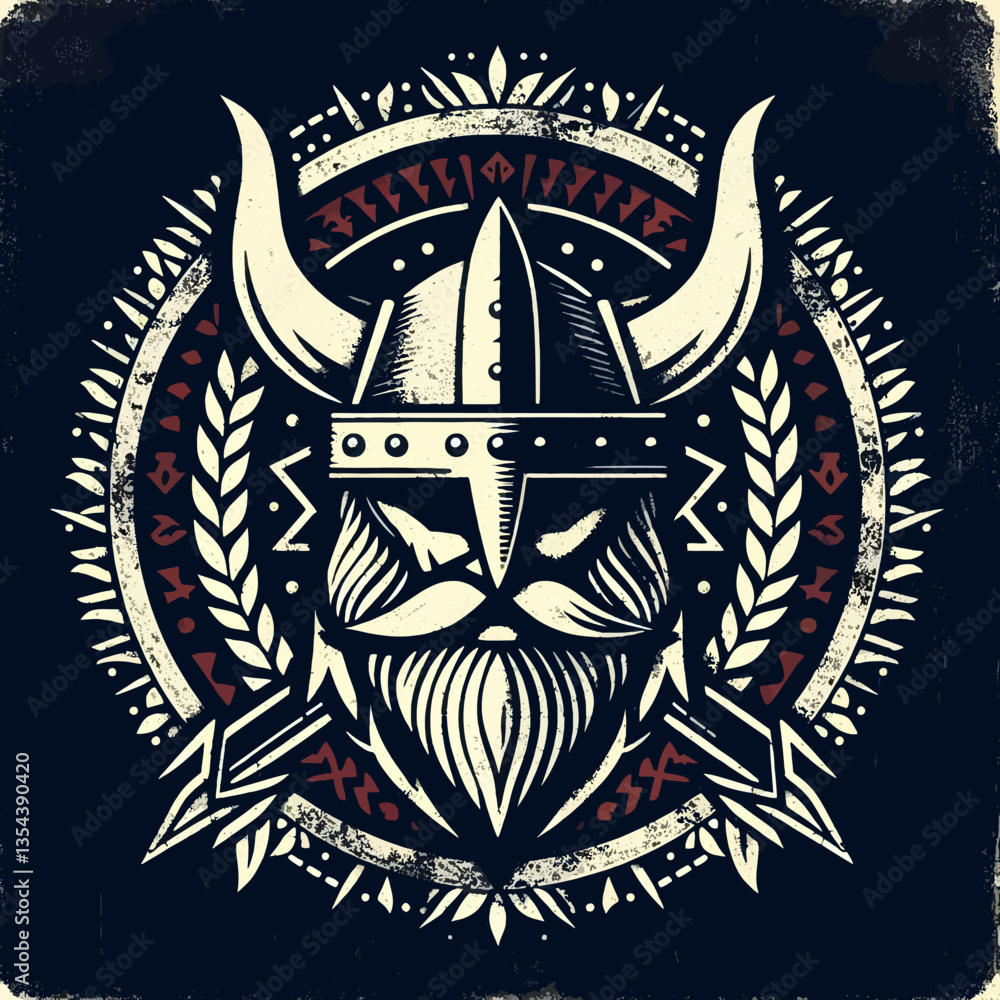 Ilustración de vikingos en estilo vintage grunge, diseñada como emblema en gráficos vectoriales ...