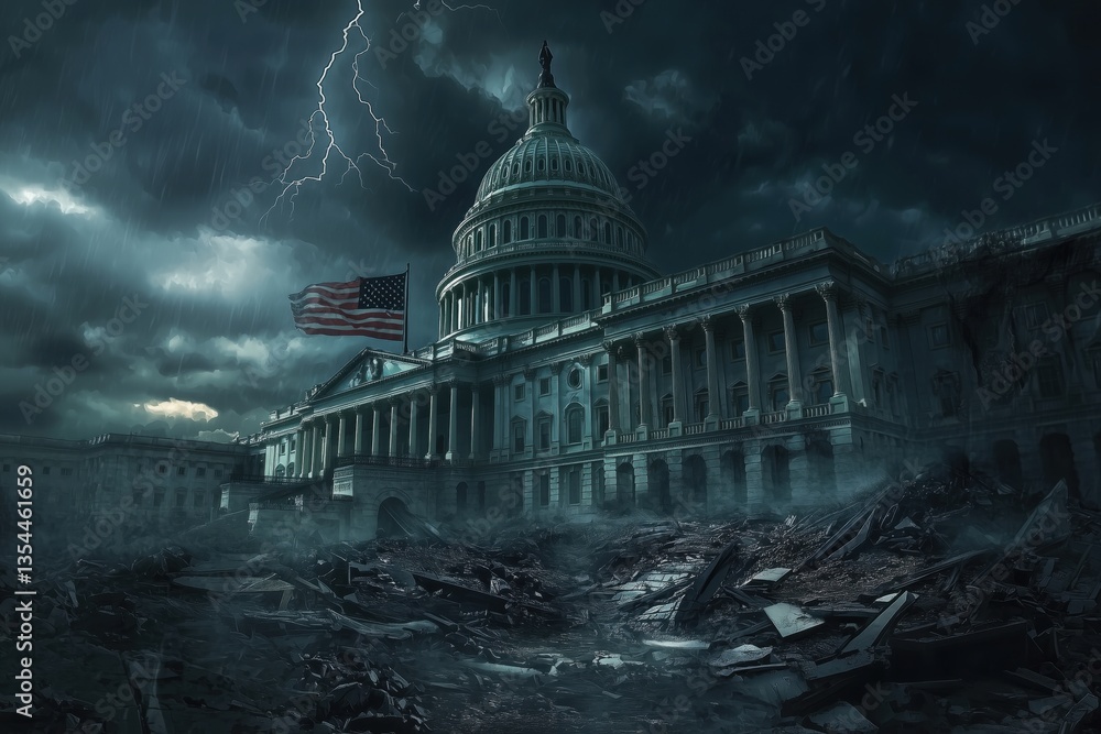A cracked and crumbling U.S. Capitol building under a stormy sky, with ...