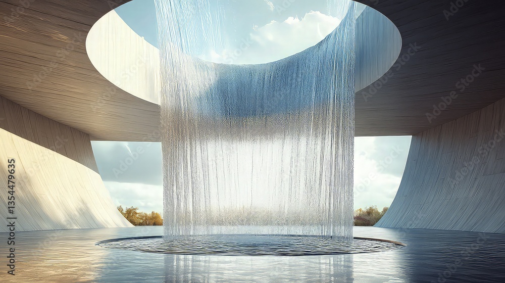 An architectural masterpiece showing a massive waterfall dropping from ...