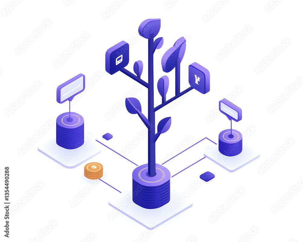 Growing network, digital ecosystem visualized as a plant with various ...