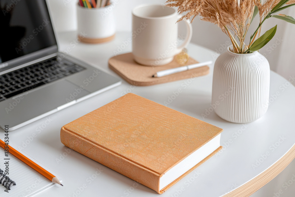 Cozy workspace with closed book, laptop, and coffee on white desk Stock ...