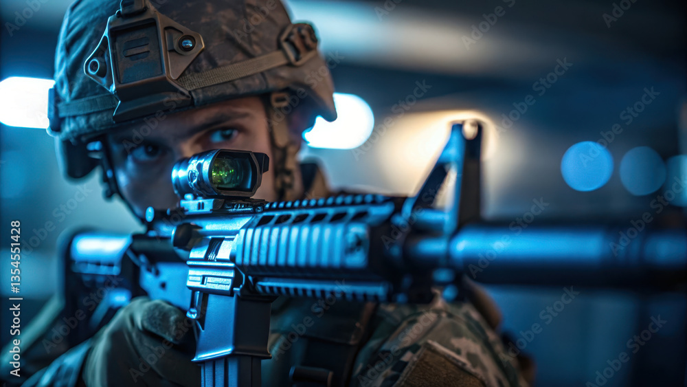 soldier in tactical gear aims assault rifle equipped with scope ...