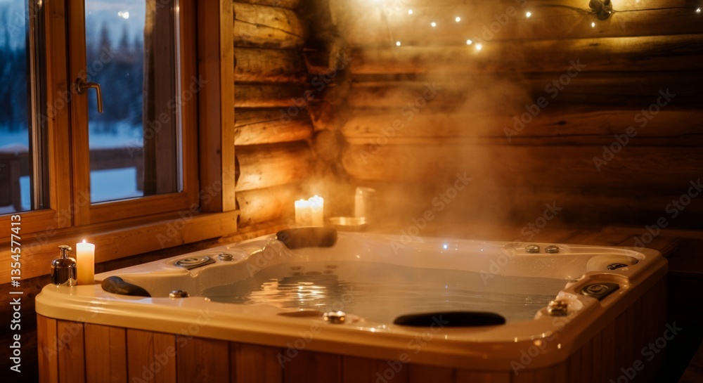 Cozy indoor rustic hot tub with warm lighting and steam in log cabin ...